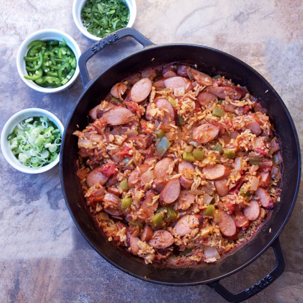 Cajun Sausage-Rice Skillet – a perfect one-pot dinner for Mardi Gras!